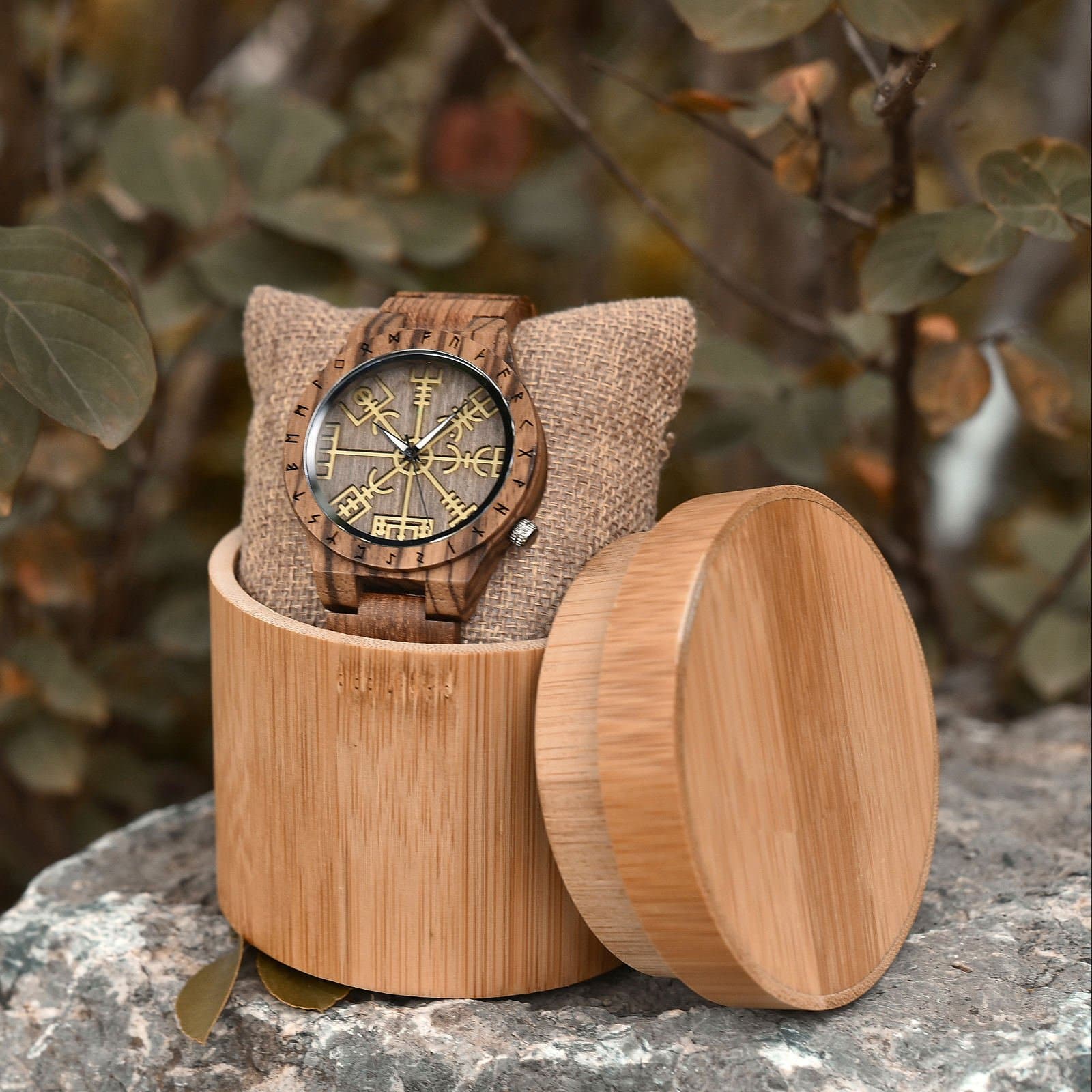 Vegvisir Watch Zebrawood Brown Gold Viking Symbol