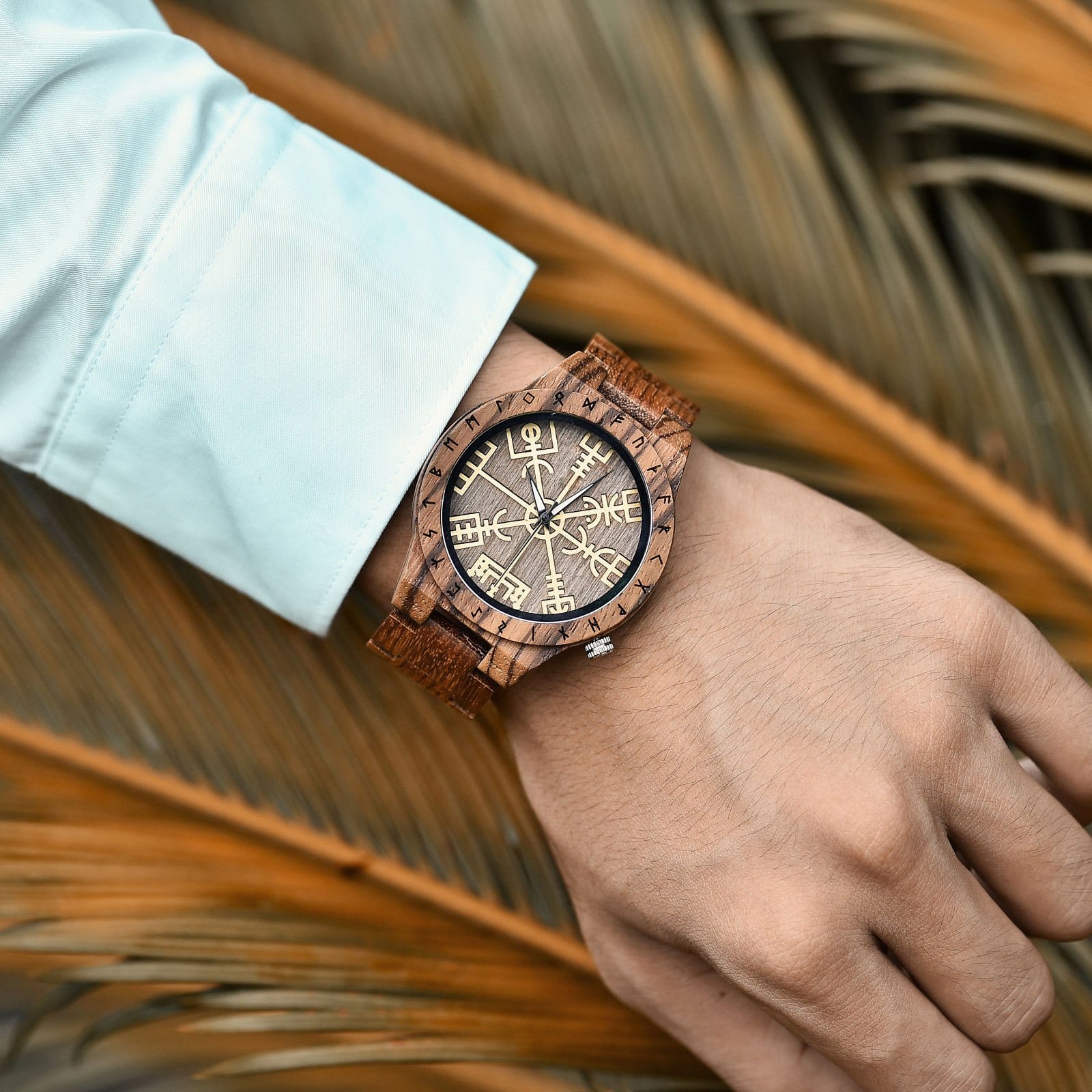 Vegvisir Watch Zebrawood Brown Gold Viking Symbol