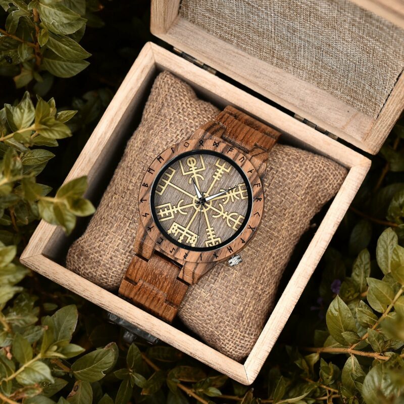 Vegvisir Watch Zebrawood Brown Gold Viking Symbol
