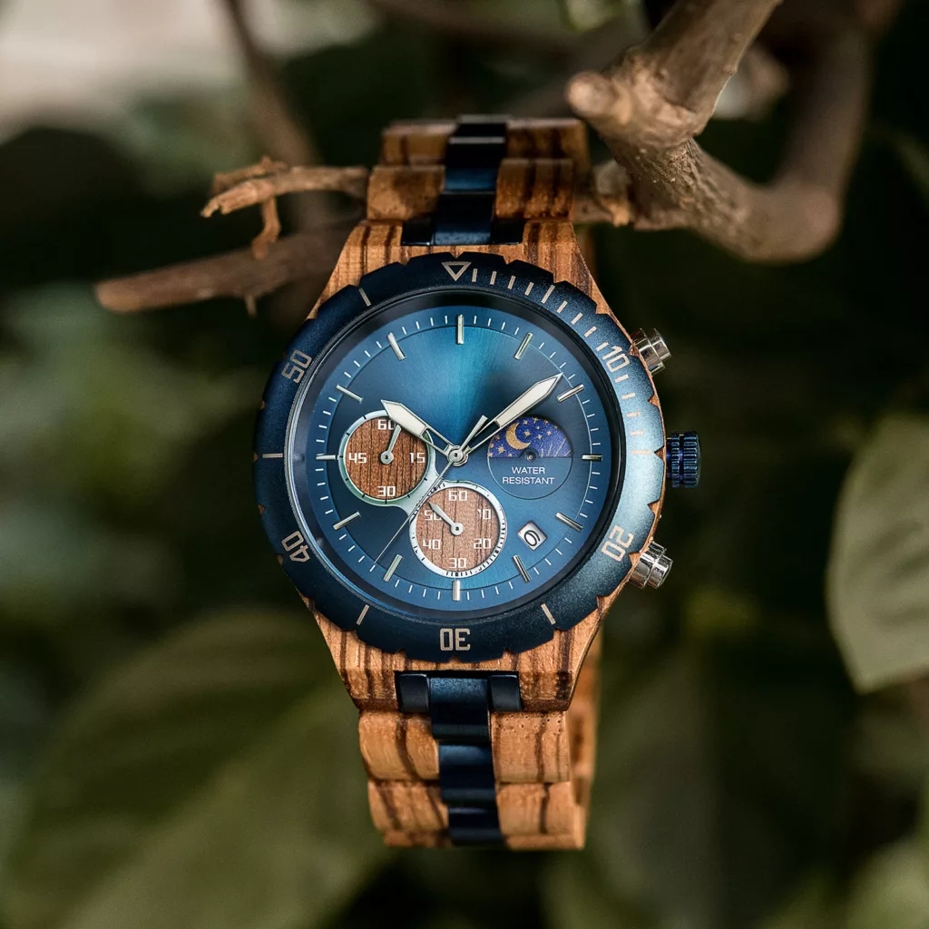 Mens Wooden Watch Premium Handmade Zebrawood Blue - Hunter