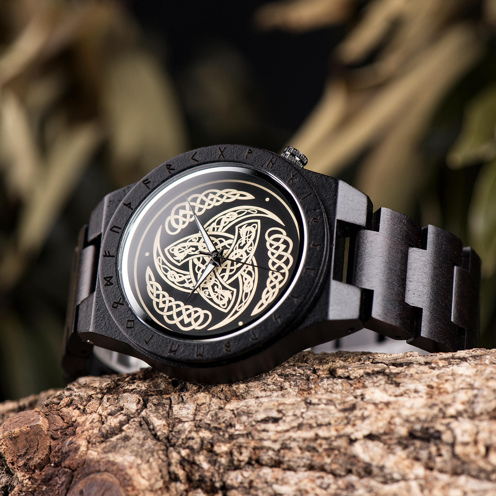 Odin's Horns Symbols Wood Watch Handmade Ebony Engraved Watch