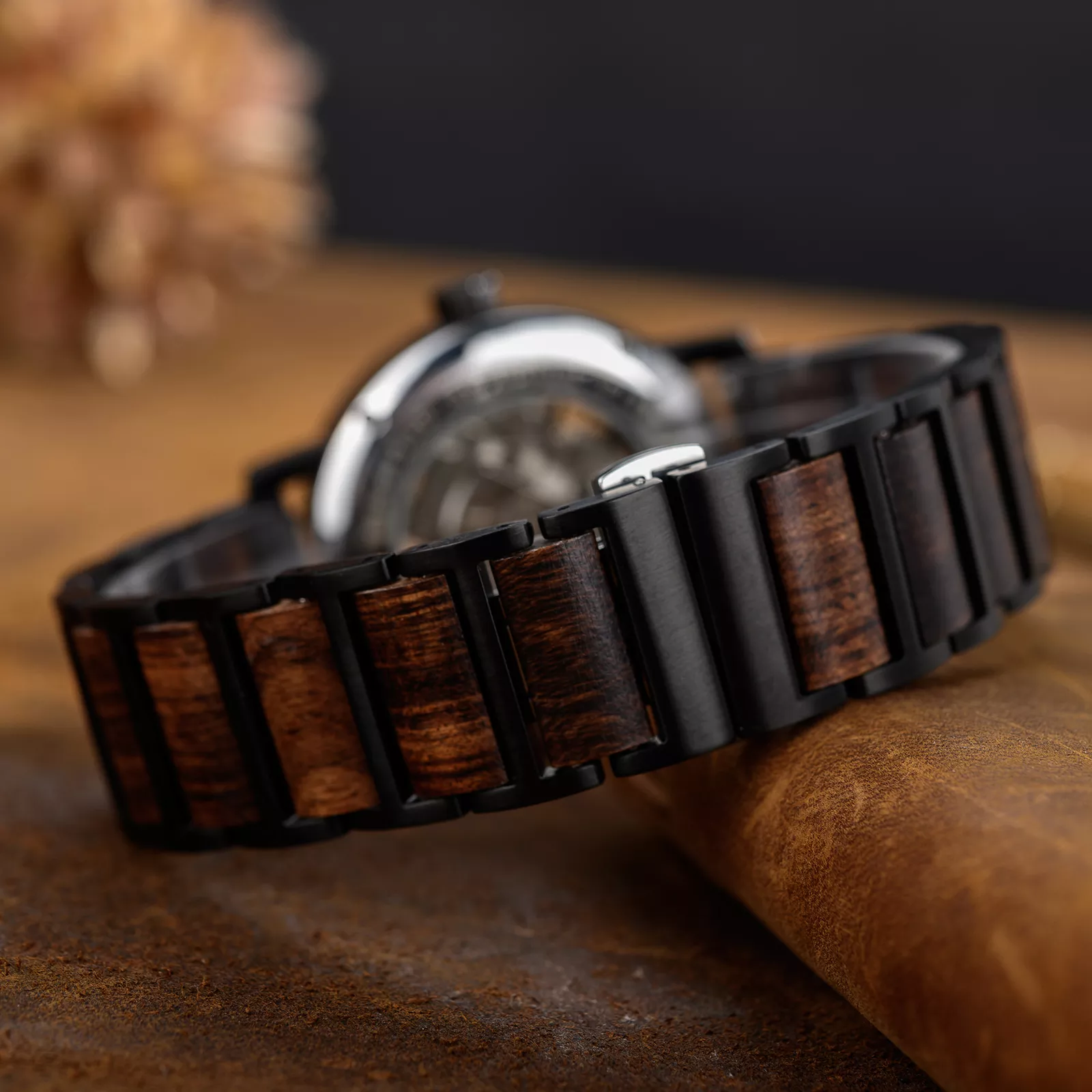 Premium Wooden Watch Skeleton Mechanical Handmade Tigerwood Stainless ...